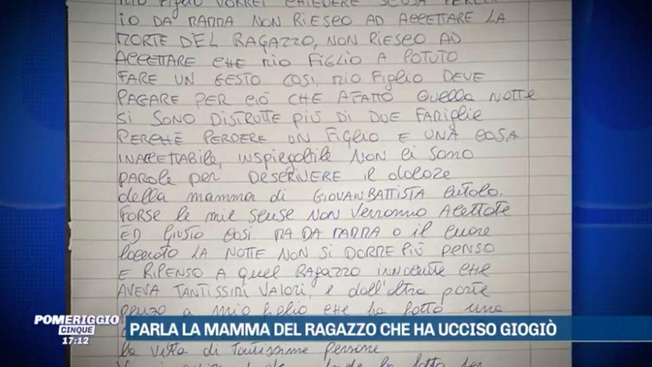 Giovanbattista Cutolo, la lettera di scuse della mamma dell'assassino ...